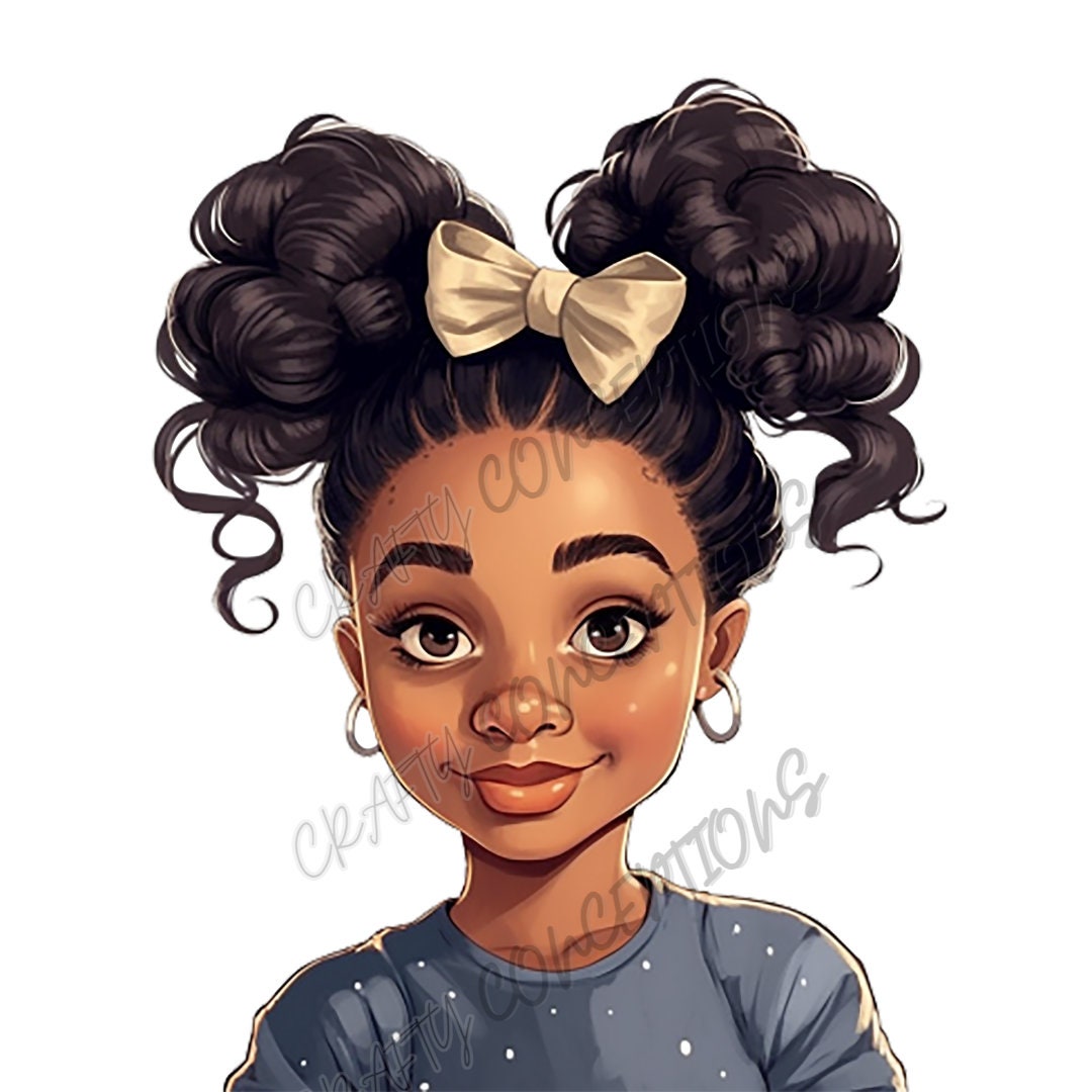 Cute Little Black Girls With Bows, 4 PNG Bundle, Curly Hair, Pigtails ...