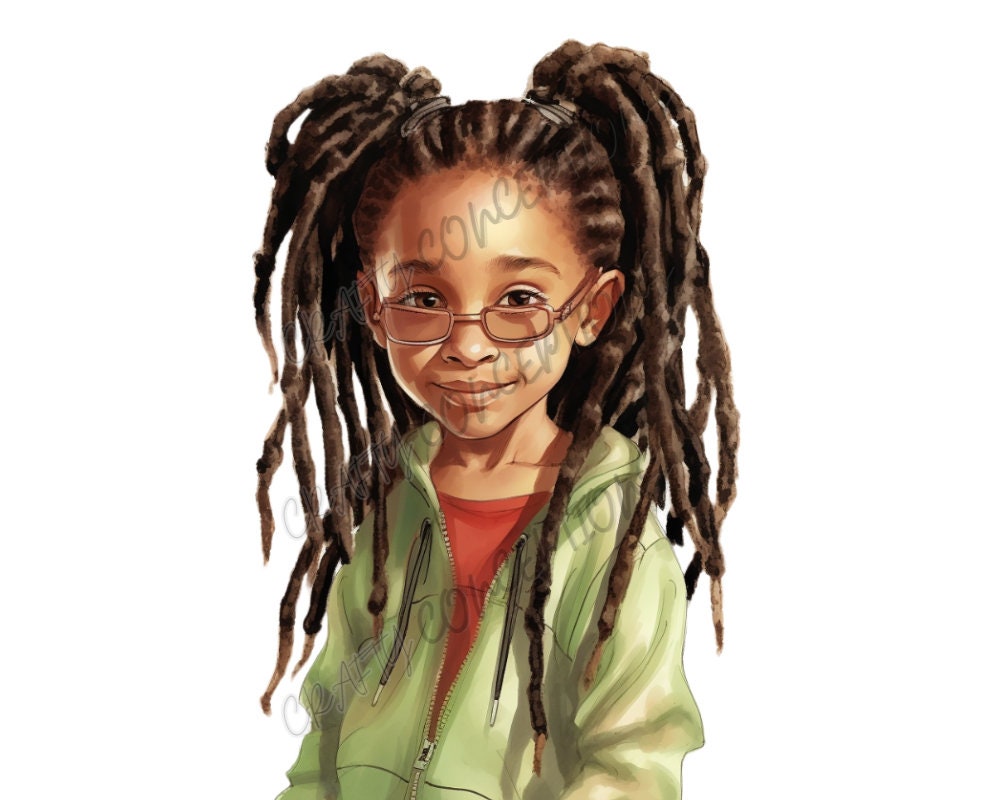 Cute Little Black Girls Watercolor Illustration 22, PNG Bundle, Braids ...