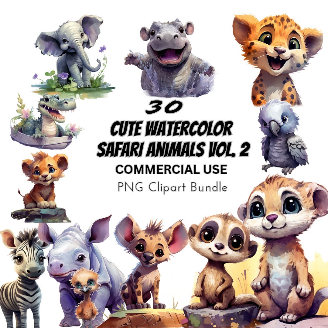 3O Baby Safari Animals Clipart Bundle, PNG Illustration Cute Watercolor ...
