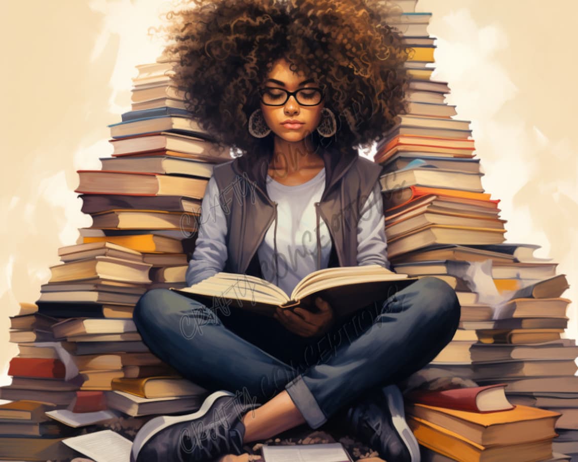 Bookworm V3 Black Girl Clipart PNG Bundle, Student Book Lover Overload ...