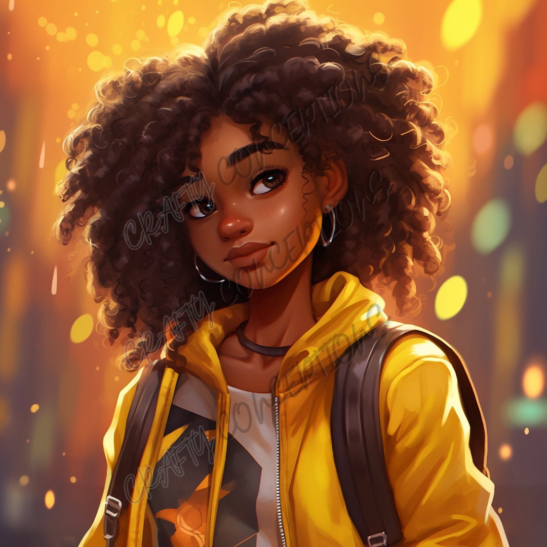 Little Black Girl in Yellow V3, 4 PNG Bundle, Curly Hair Magic Clipart ...