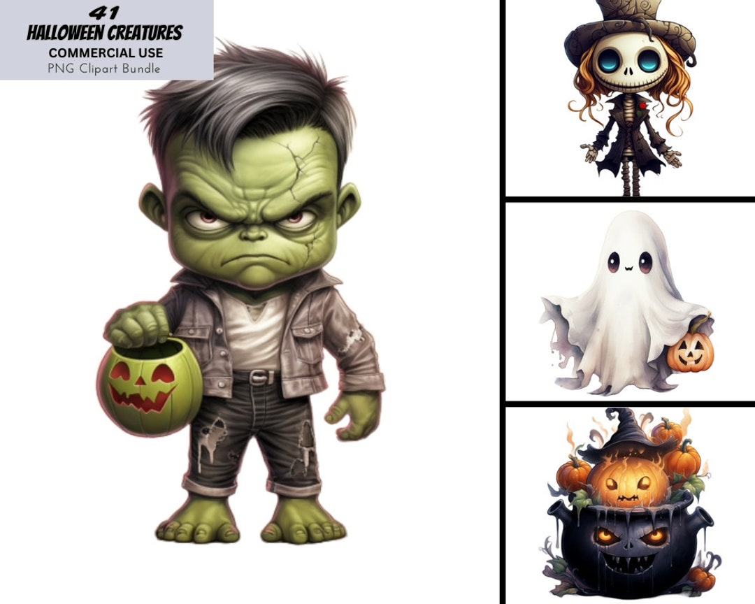 Cute Watercolor Halloween Creatures, 41 PNG Clipart Bundle, Ghost ...