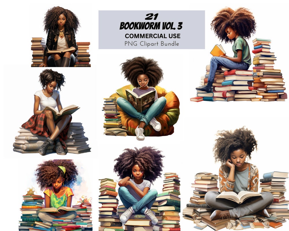 Bookworm V3 Black Girl Clipart PNG Bundle Student Book Lover - Etsy