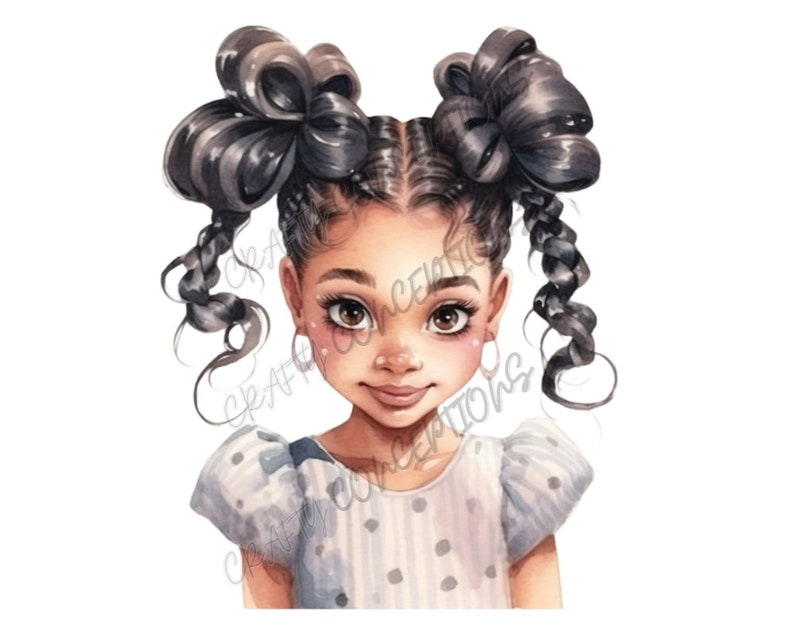 Cute Little Black Girls Watercolor Illustration 19, PNG Bundle, Braids ...
