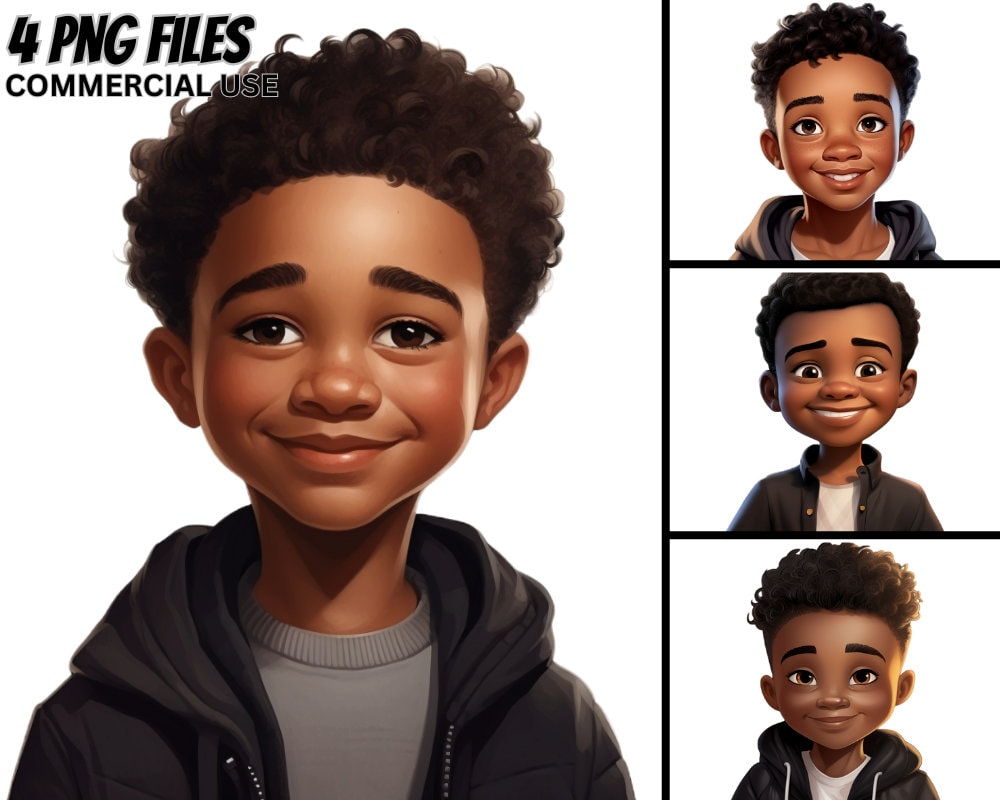 Cute Little Black Boy Illustration V.7, 4 PNG Bundle, Hoody, Hat ...