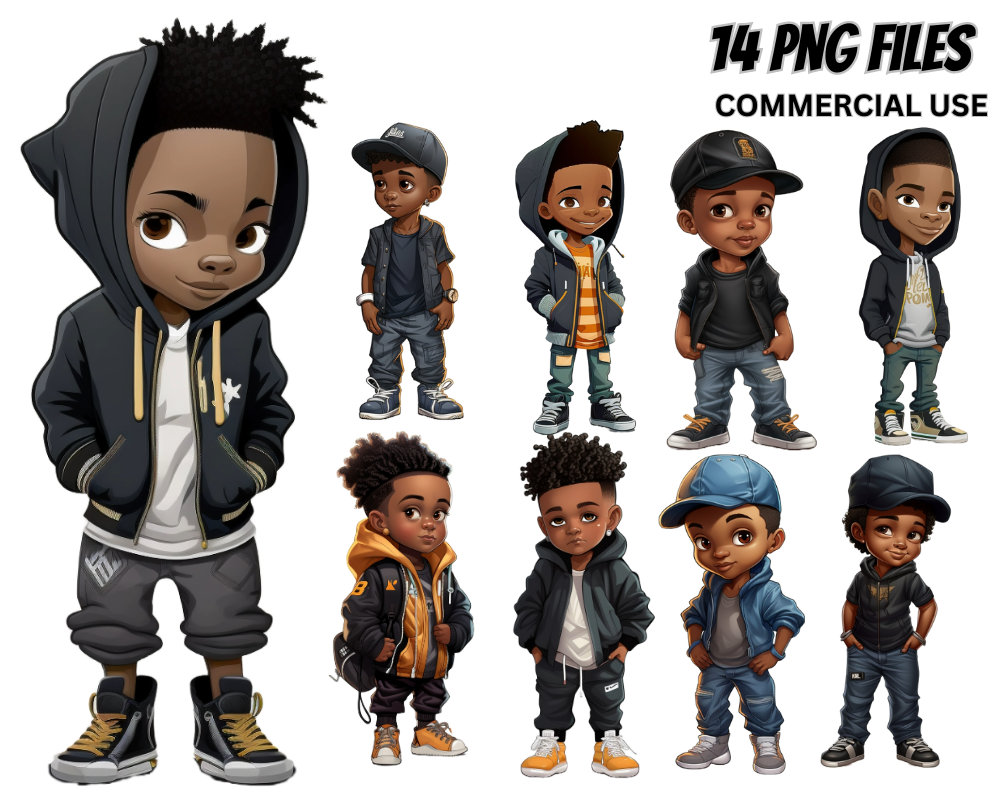 Cute Little Black Boy Illustration V.1, 14 PNG Bundle, Hoody, Hat ...