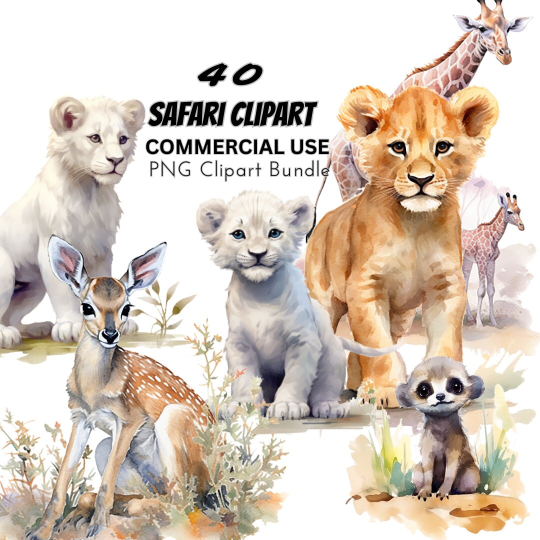 4O Baby Safari Animals Clipart Bonus Bundle Pack PNG, Cute, Water Color ...