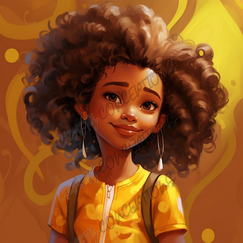 Little Black Girl in Yellow V3, 4 PNG Bundle, Curly Hair Magic Clipart ...
