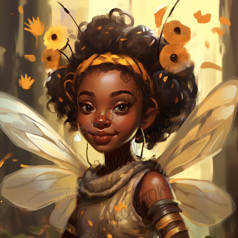 Princess Bee Little Black Girl in Yellow 6 PNG Bundle Curly - Etsy