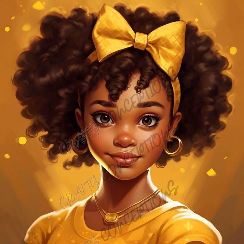 Little Black Girl in Yellow, 4 PNG Bundle, Curly Hair Magic Clipart ...