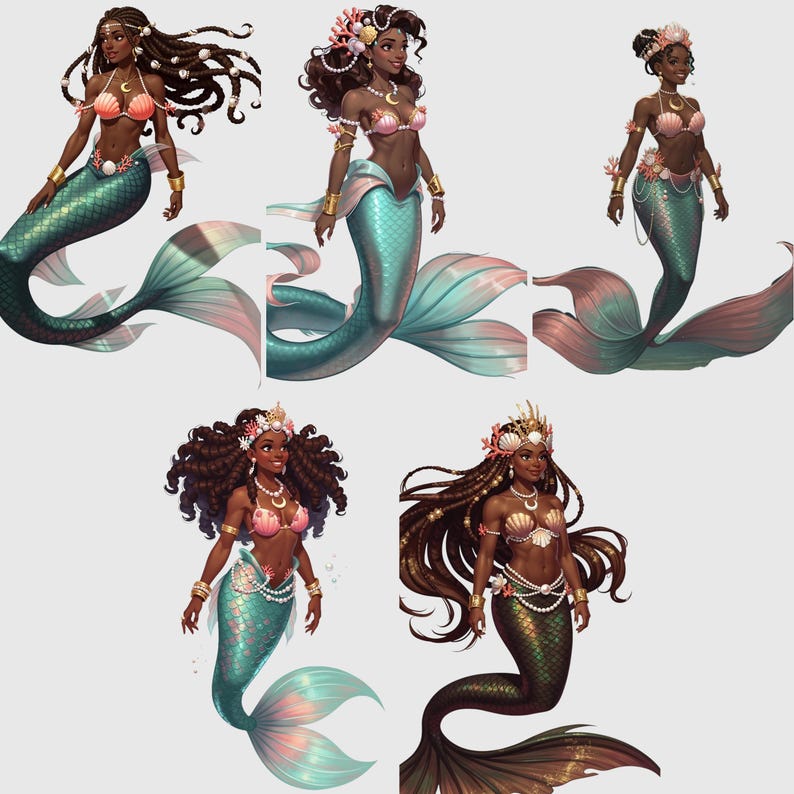 Black Mermaid Clipart Bundle 5 PNG Ocean Queen Digital Download African ...
