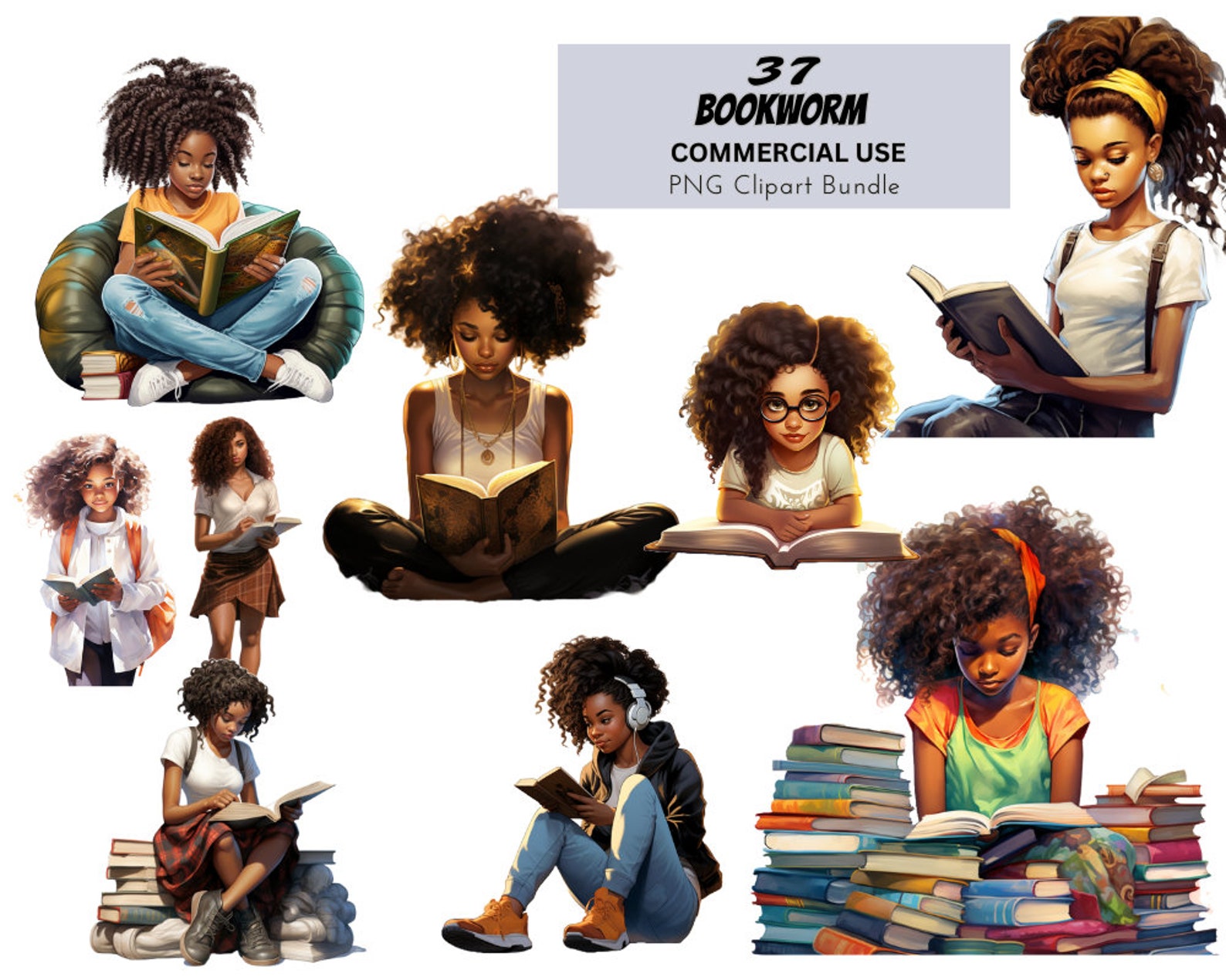 Bookworm Black Girl Clipart PNG Bundle, Student Book Lover, Braids ...