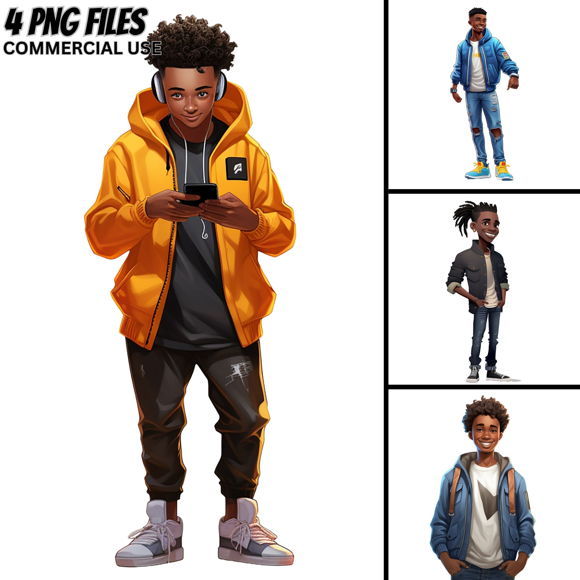 Black Boy Illustration PNG Bundle, Afro Kids, Urban Clipart (digital ...
