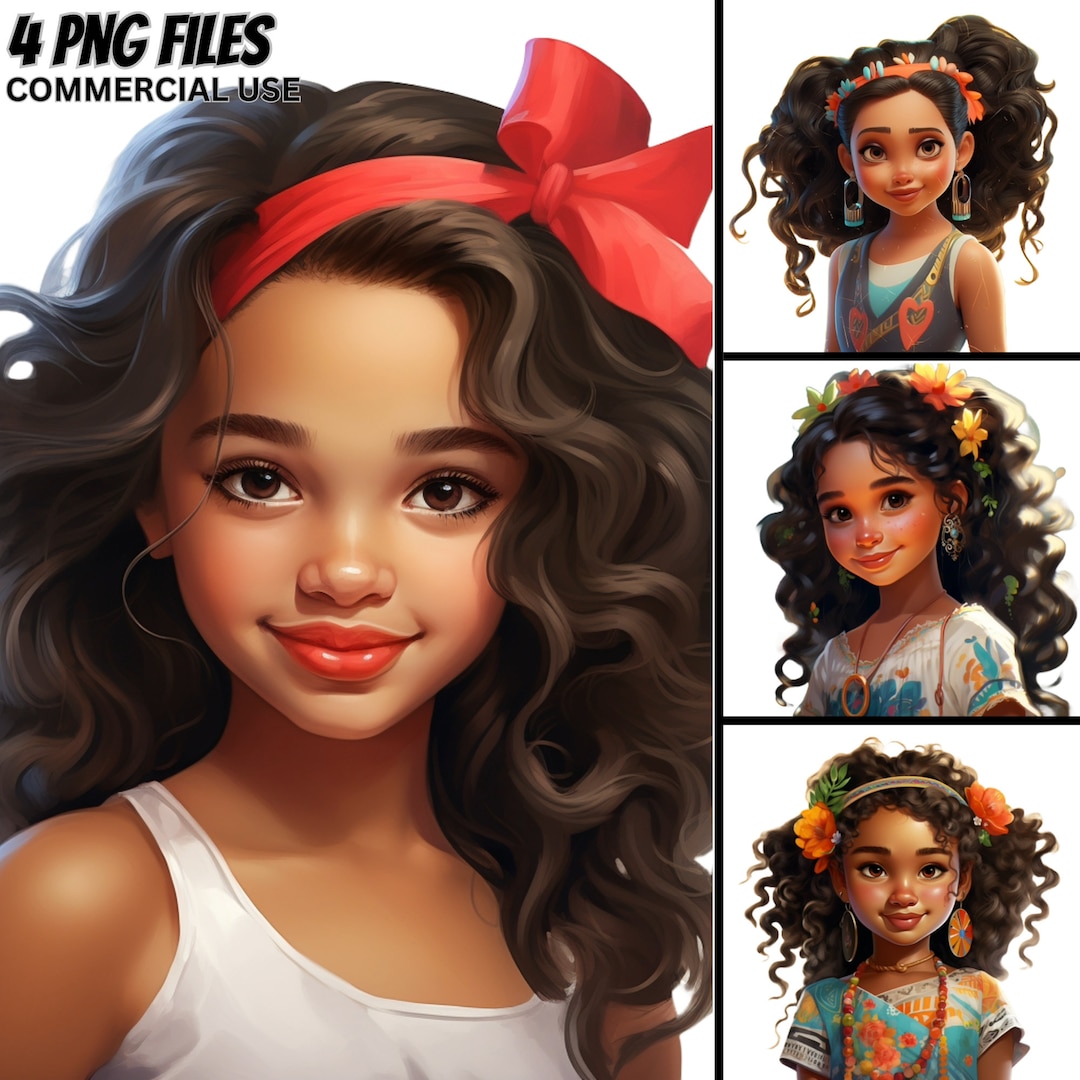 Cute Little Latina Girls Illustration V.1, 4 PNG Bundle, Colorful ...