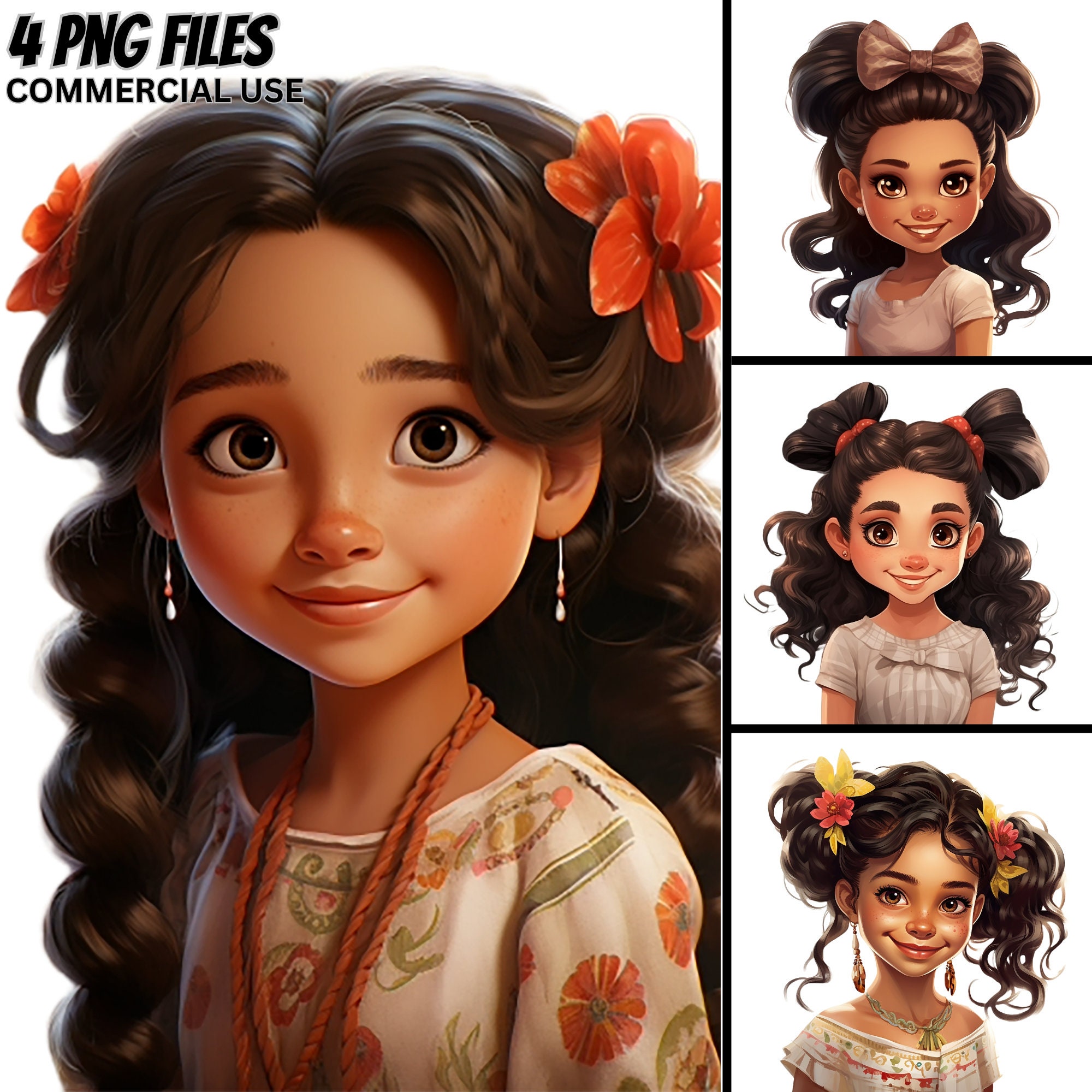 Cute Little Latina Girls Illustration V.10, 4 PNG Bundle, Colorful ...