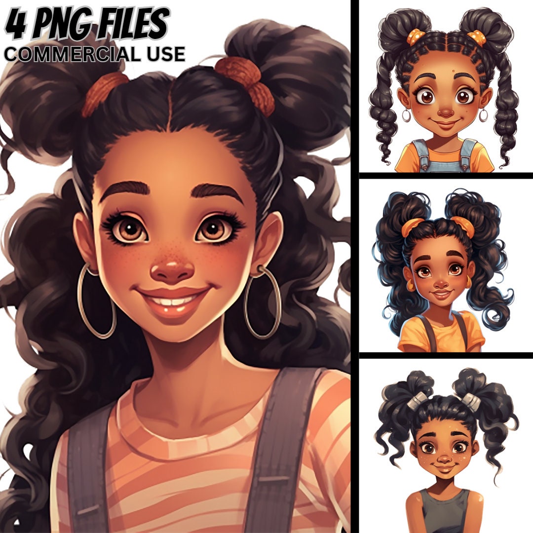 Cute Little Black Girl Illustrations, 4 PNG Bundle, Curly Hair Magic ...