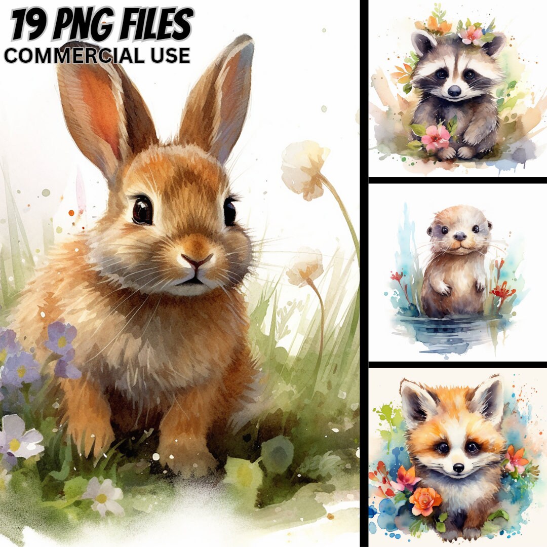 Cute Woodland Animals Watercolor Clipart Bundle Printable Art PNG ...