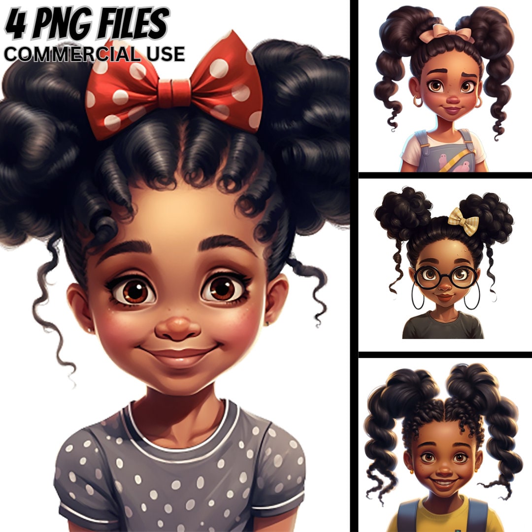 Cute Little Black Girls Illustration 4, PNG Bundle, Curly Hair ...