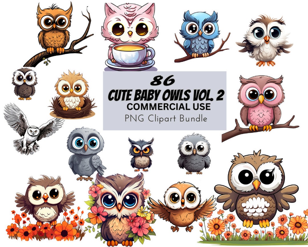 Cute Baby Owls Vol.2, Digital Design Bundle Printable Clip Art Prints ...