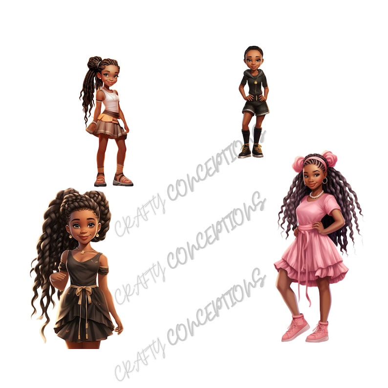 Teen Girl Fashion Illustrations, PNG Bundle, Curls, Braids, Pigtails ...