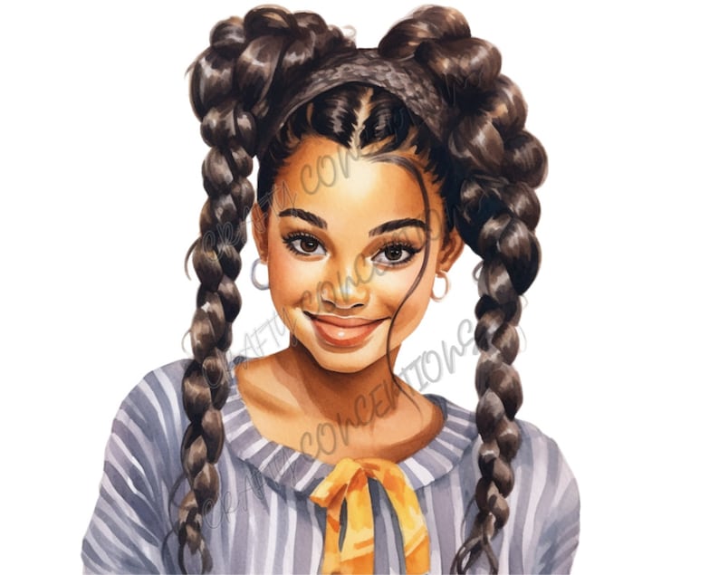 Cute Little Black Girls Watercolor Illustration 19, PNG Bundle, Braids ...