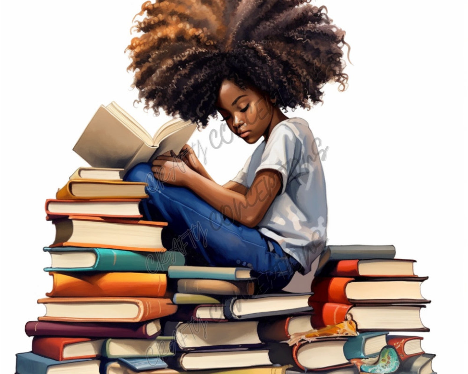 Bookworm V3 Black Girl Clipart PNG Bundle, Student Book Lover Overload ...