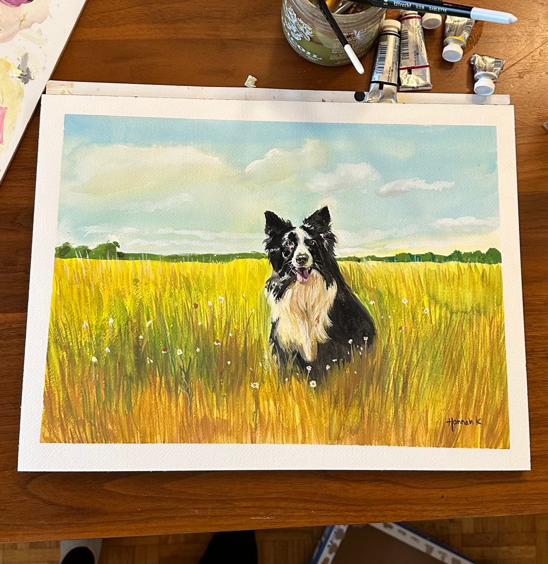 HAND PAINTED ORIGINAL Gouache Painting - Border Collie in Field on ...