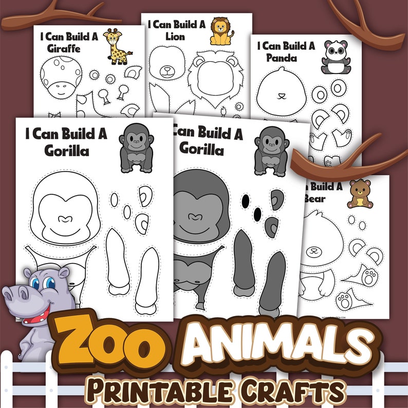 Zoo Animals Printable Craft Cards | Color, Cut and Paste Art Project ...