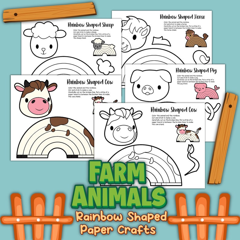 Rainbow Shaped Farm Animal Craft Cards Color, Cut and Paste Art ...