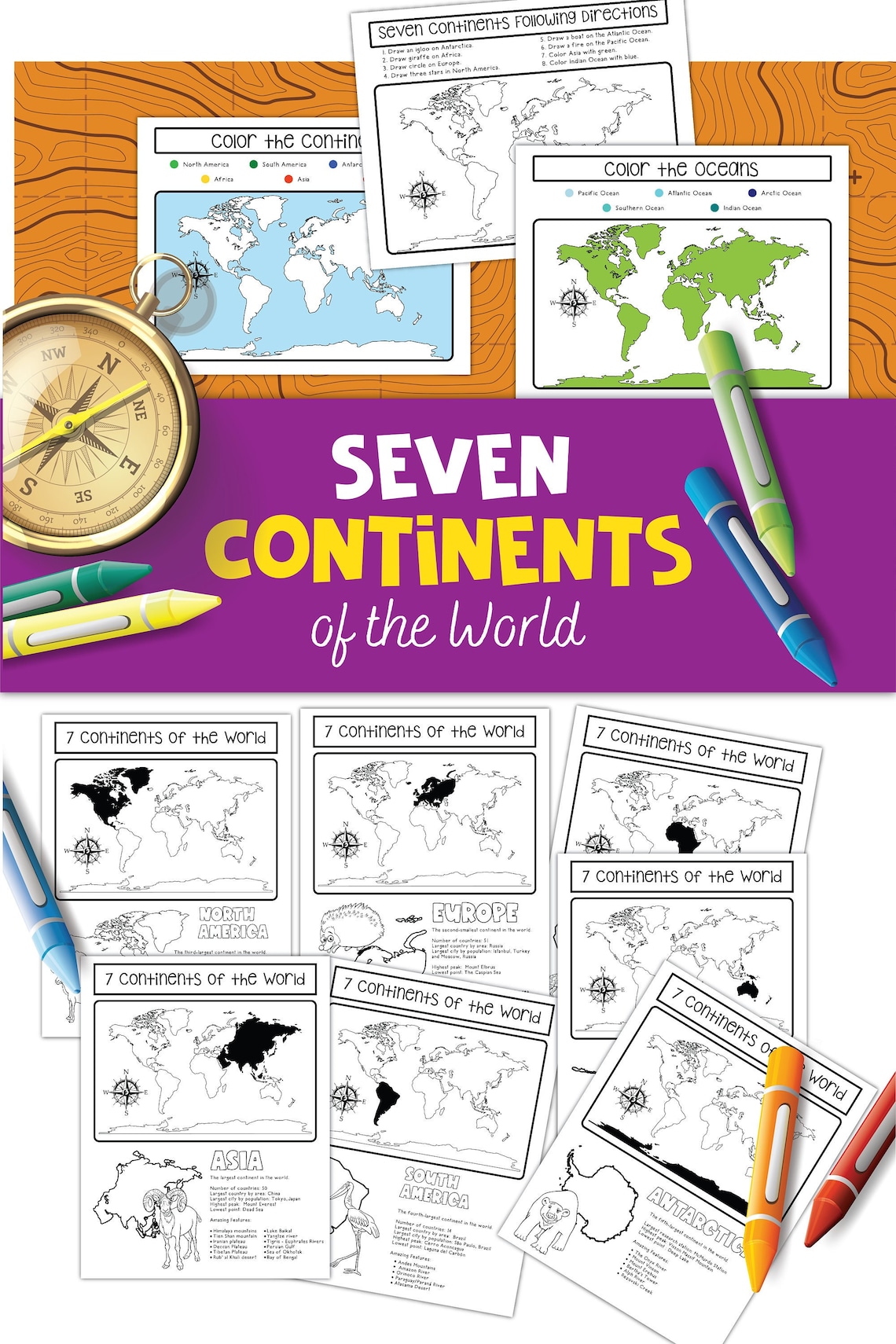 7 Continents Worksheets for Kids | Coloring and Information Pages - Etsy