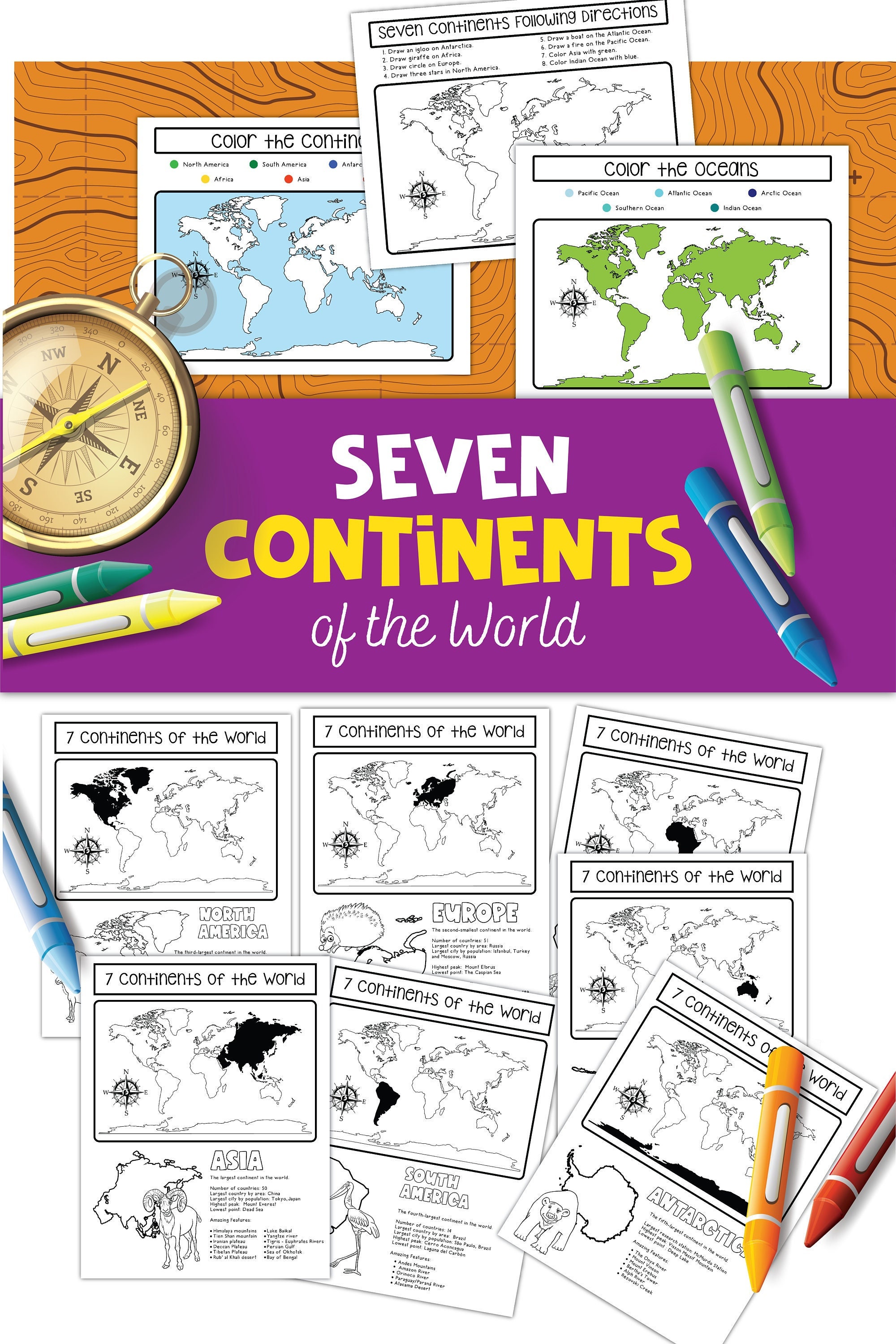 7 Continents Worksheets for Kids | Coloring and Information Pages - Etsy