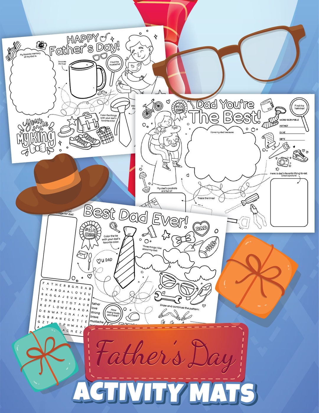 Father's Day Activity Mats 6 in All Kid Coloring, Word Scramble ...