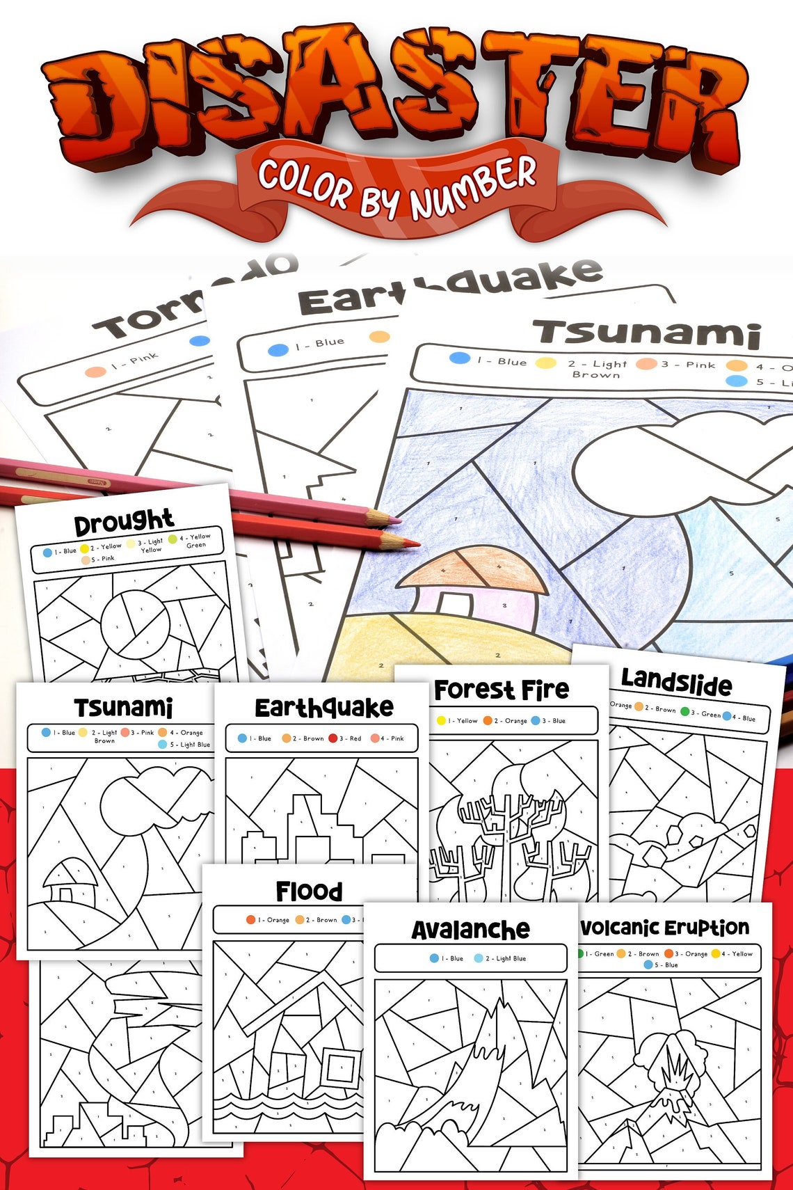 Color by Number Natural Disasters | Coloring Pages for Kids - Etsy