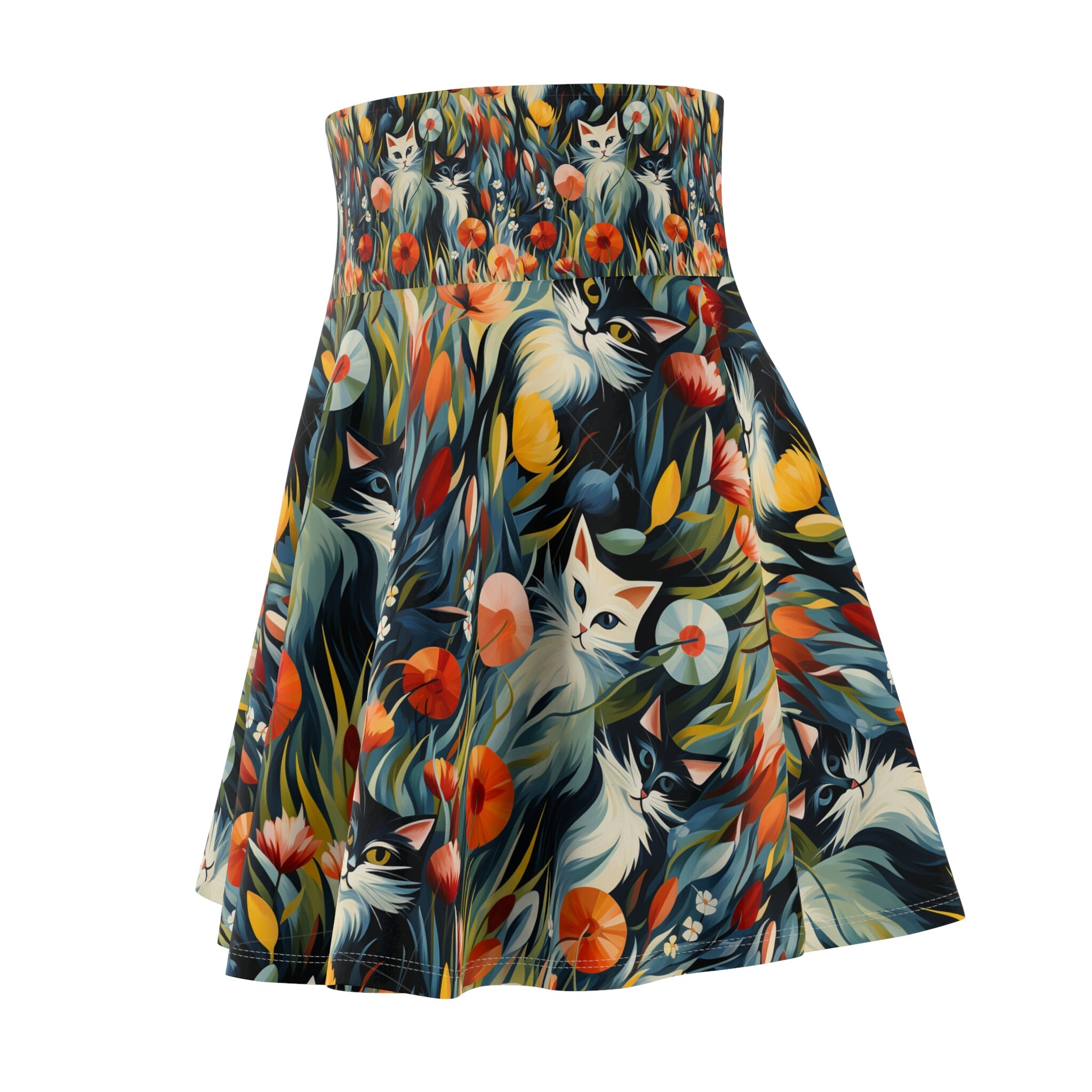 Cats in Meadow Artistic Skirt | Whimsical Floral Print - Etsy