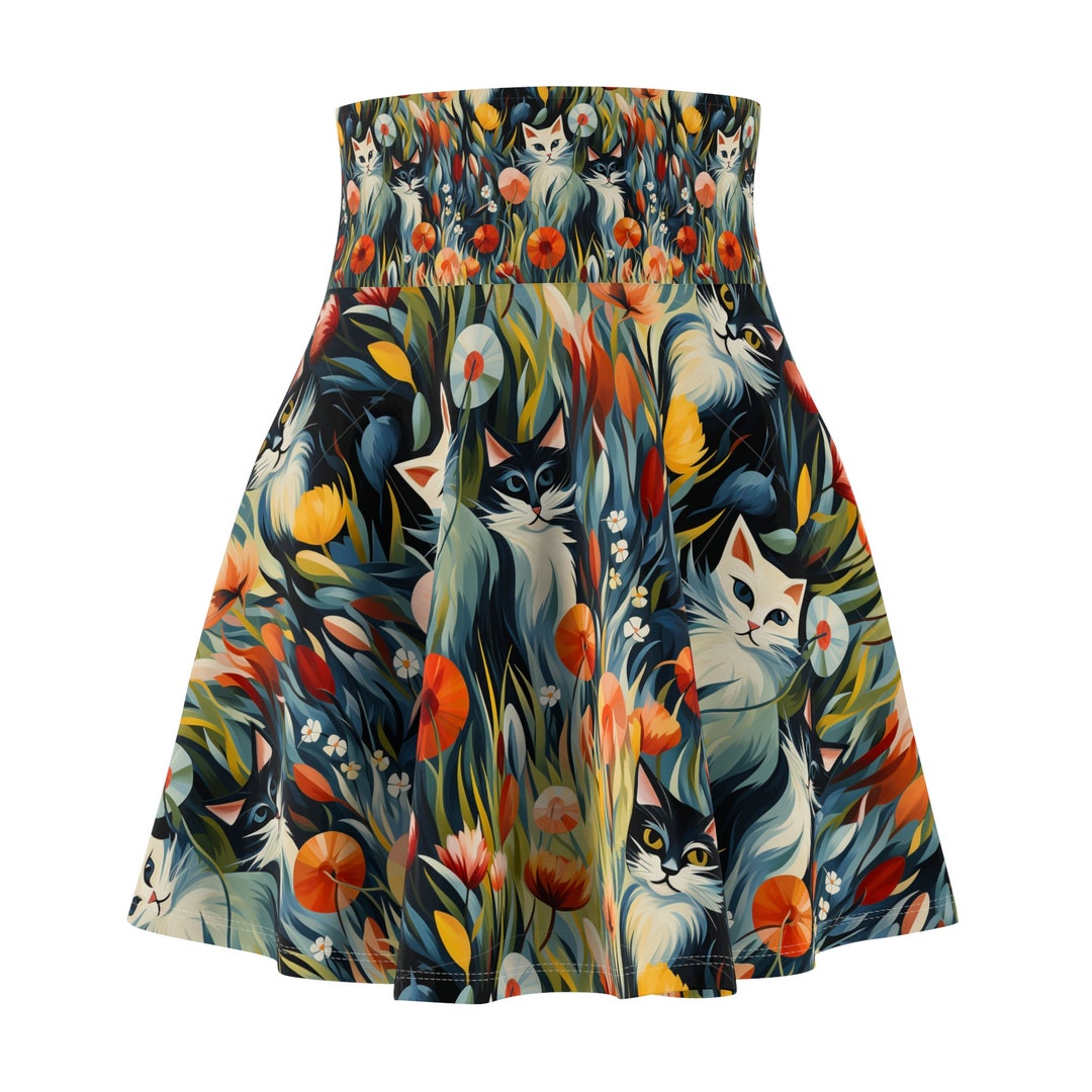 Cats in Meadow Artistic Skirt | Whimsical Floral Print - Etsy