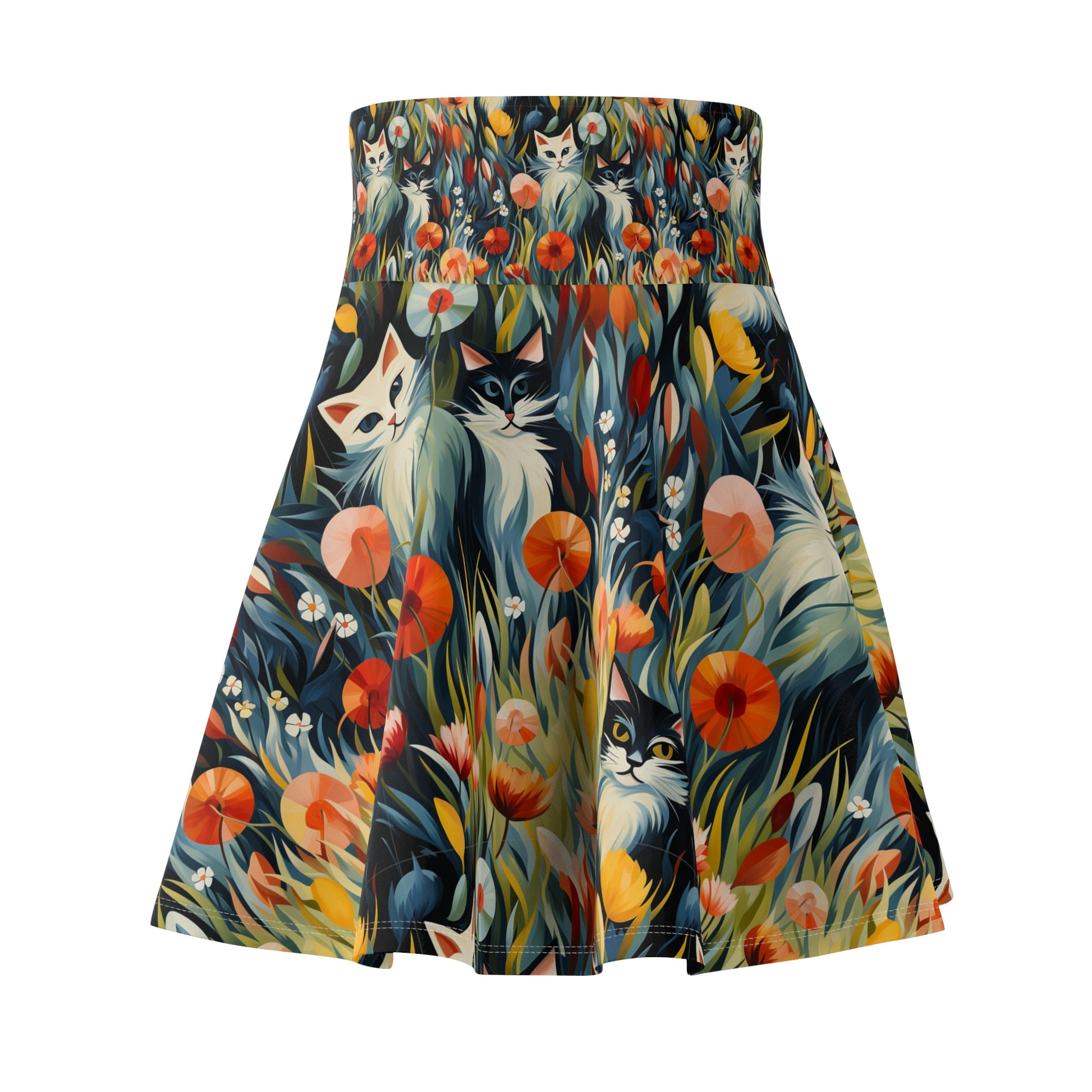 Cats in Meadow Artistic Skirt | Whimsical Floral Print - Etsy
