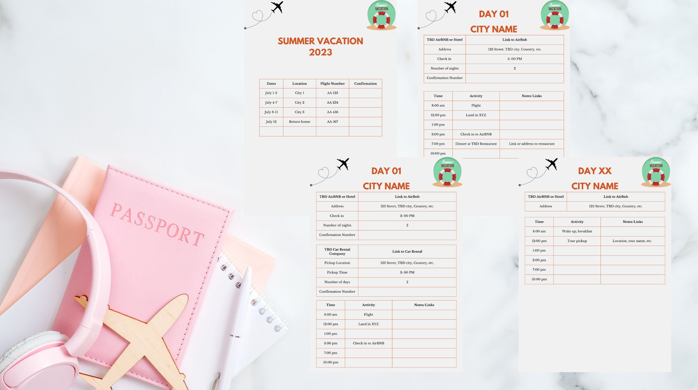 Editable, Printable Travel Itinerary Planner Template, Summer Vacation ...
