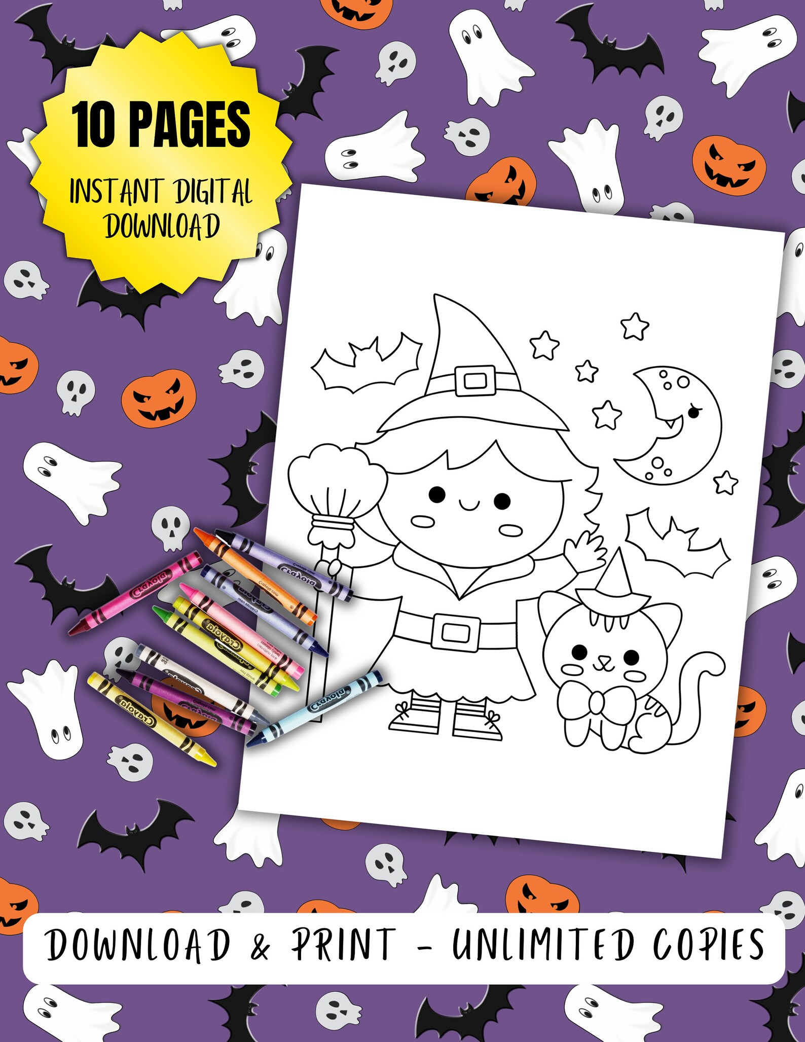 10 Halloween (easy) Coloring Pages - Kids Coloring Book, Instant ...