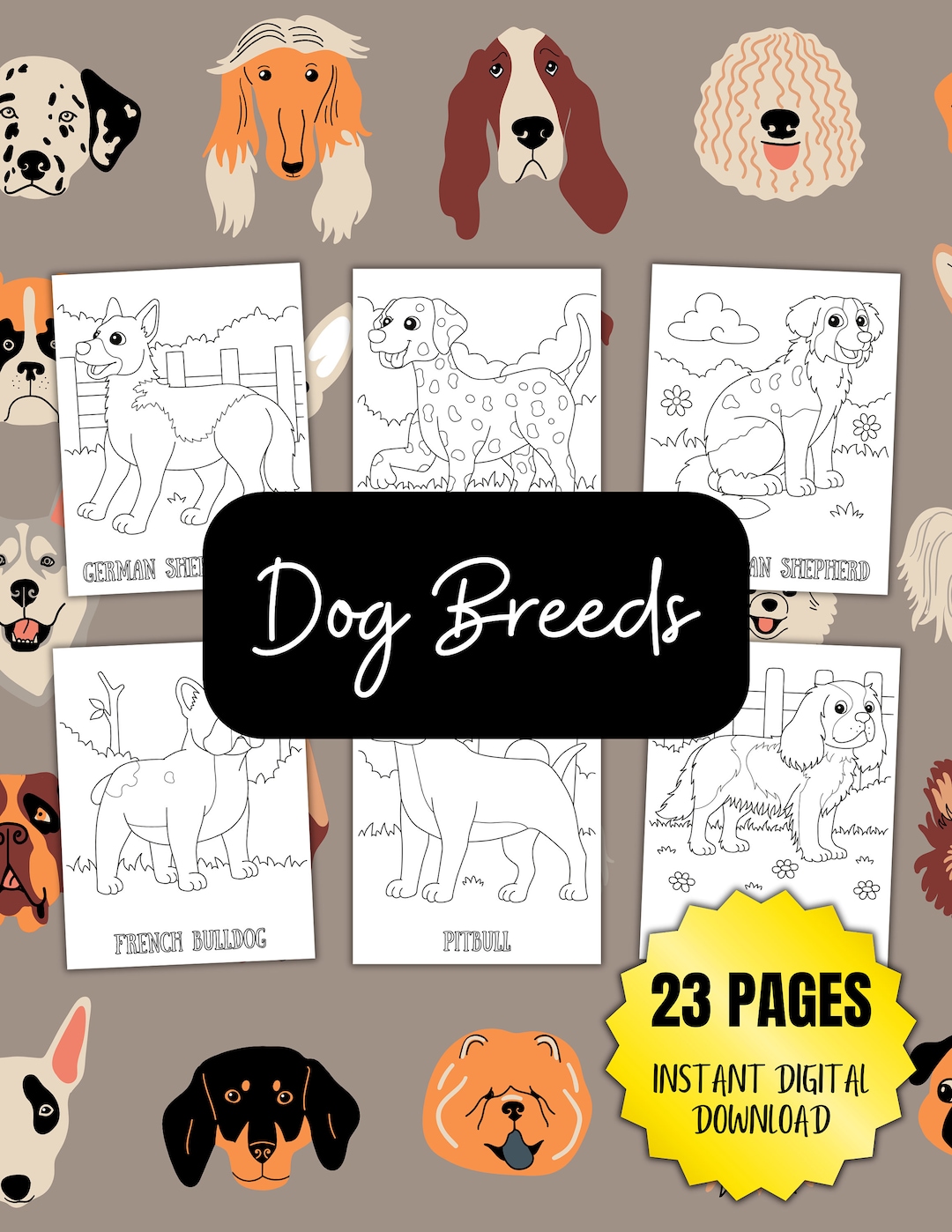 23 Dog Breed Coloring Pages - Coloring Book, Instant Digital Download ...