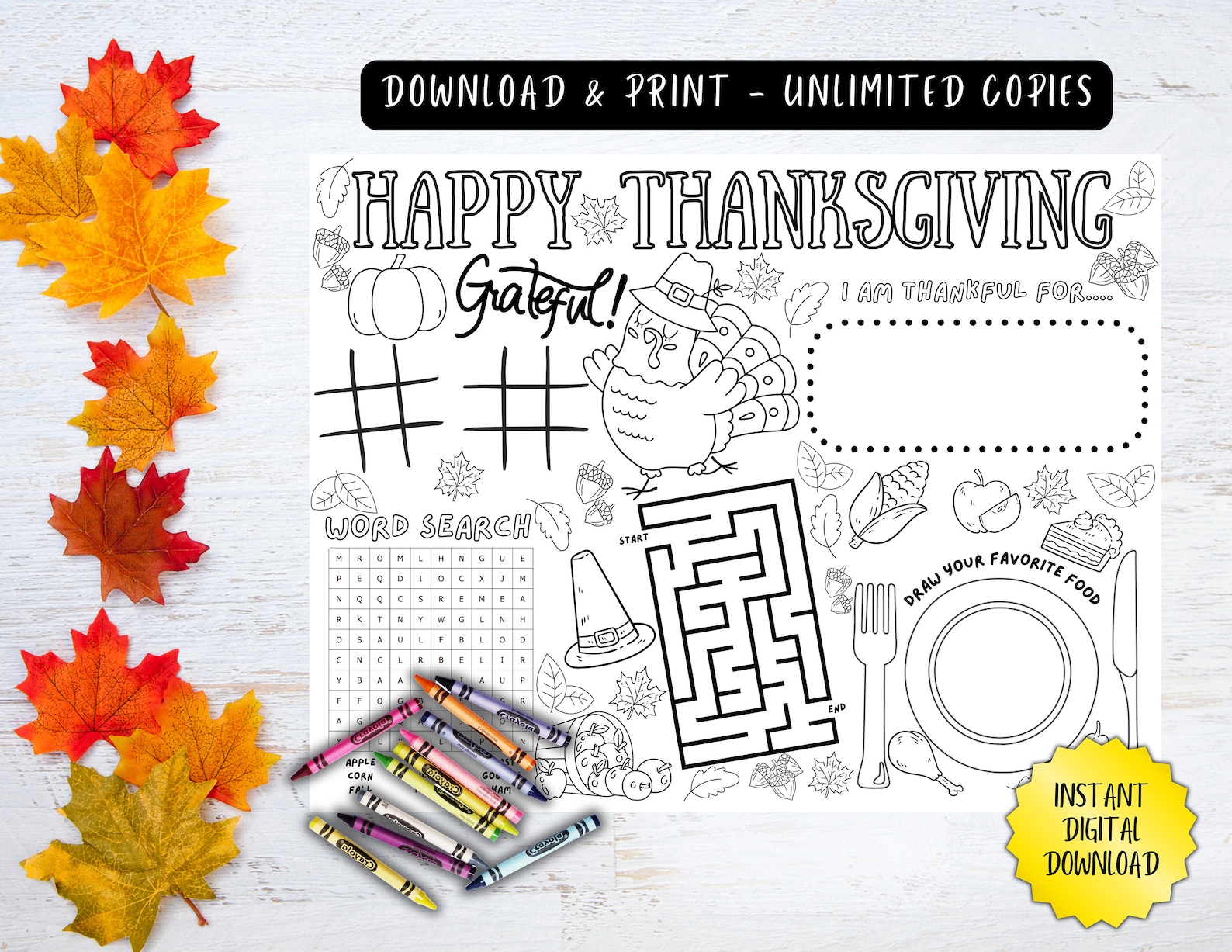Thanksgiving Activity Placemat, Coloring Page, Game Page, Word Search ...