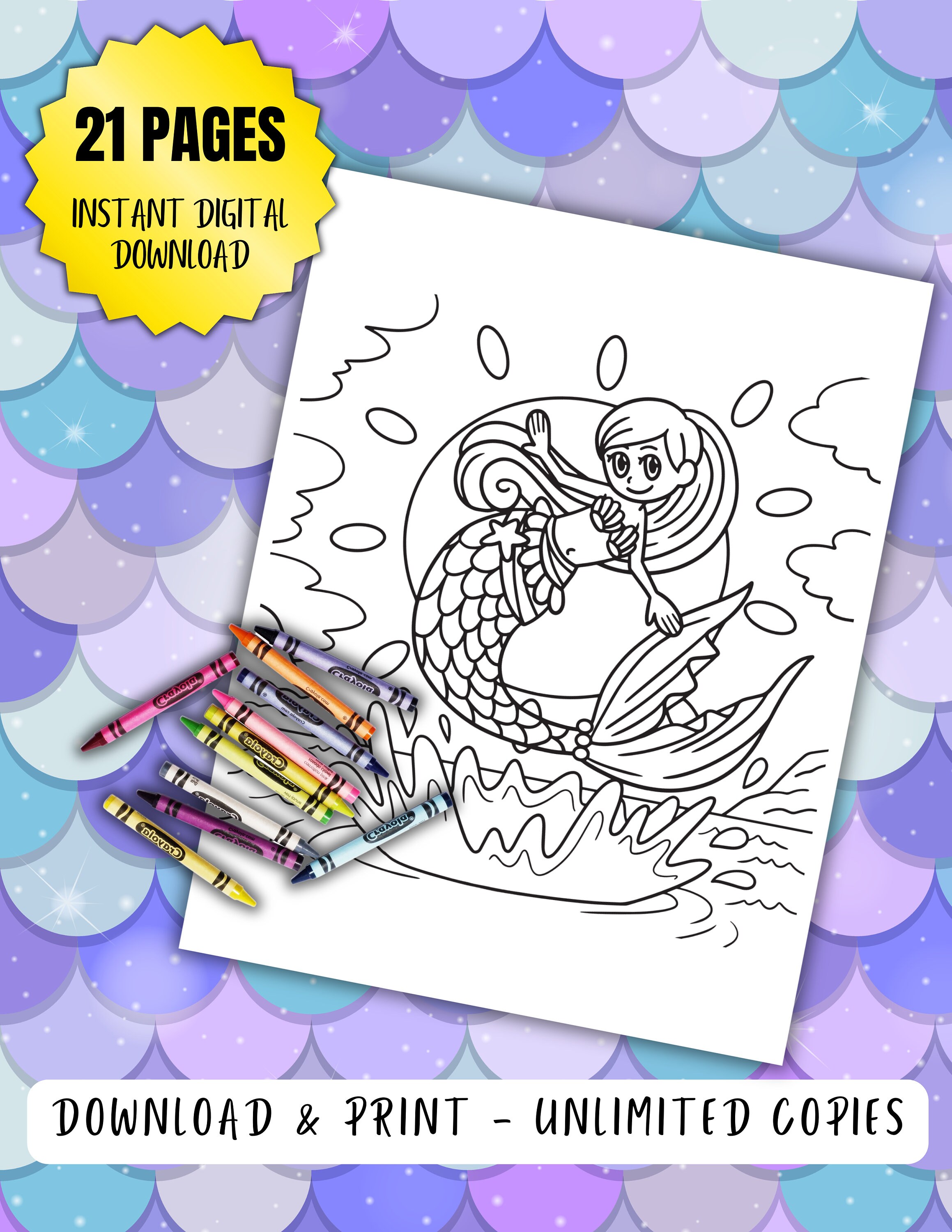 21 Mermaid Coloring Pages - Kids Coloring Book, Instant Digital ...