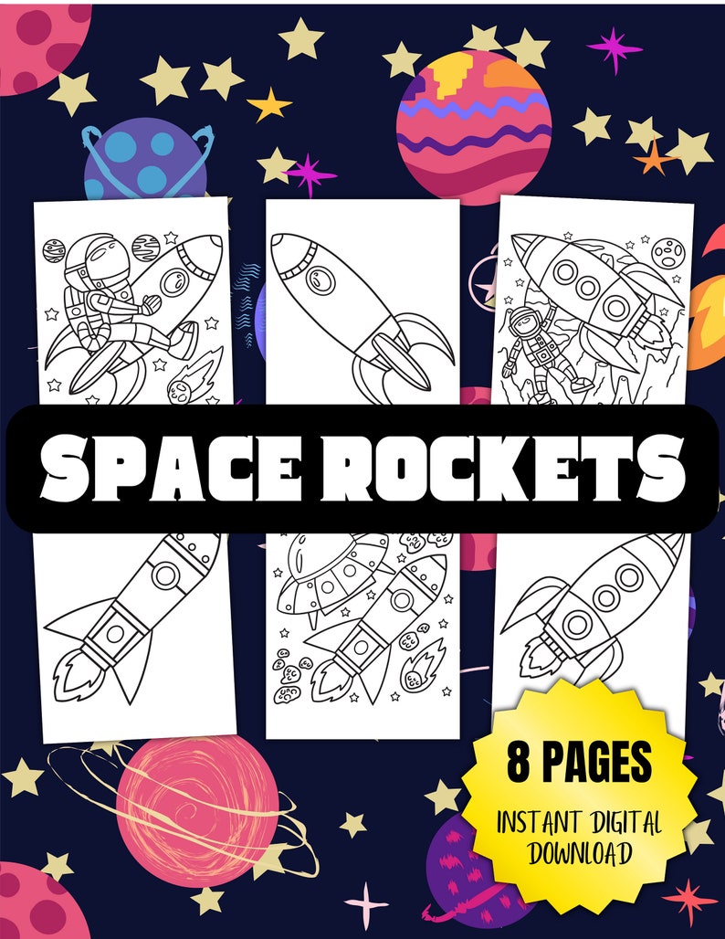 8 Space Rockets Coloring Pages - Kids Coloring Book, Instant Digital ...