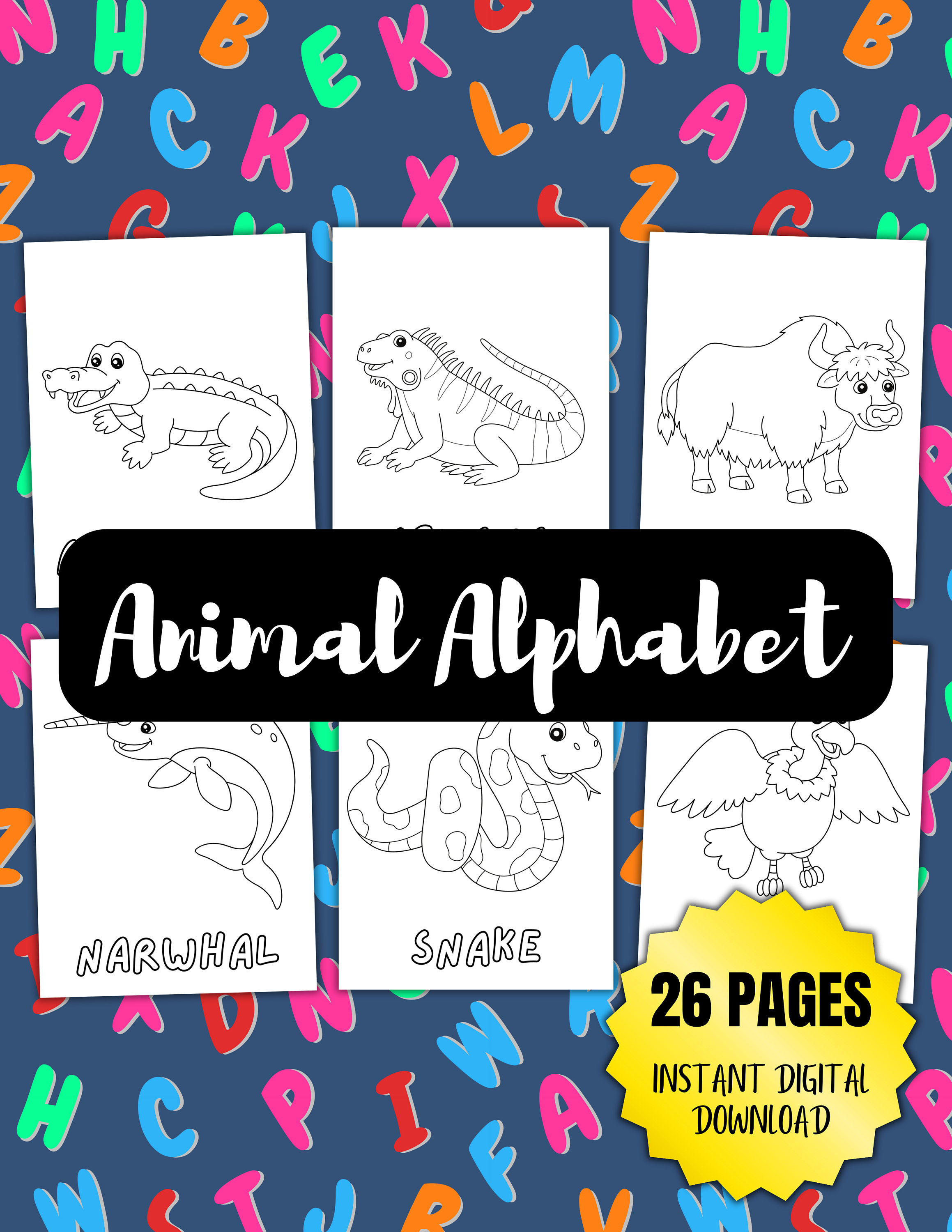 26 Animal Alphabet Coloring Pages - Kids Coloring Book, Instant Digital ...