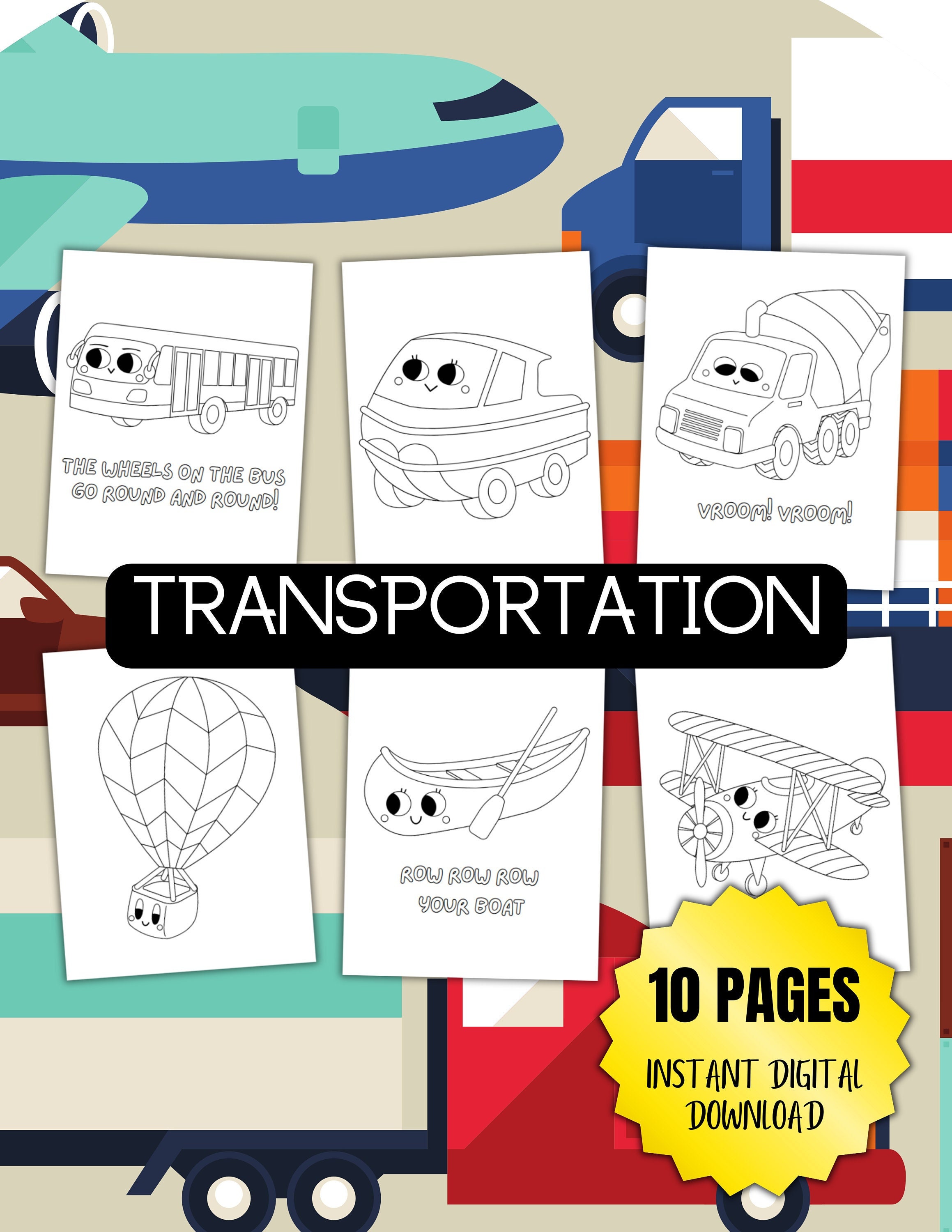 10 Transportation Coloring Pages - Kids Coloring Book, Instant Digital ...