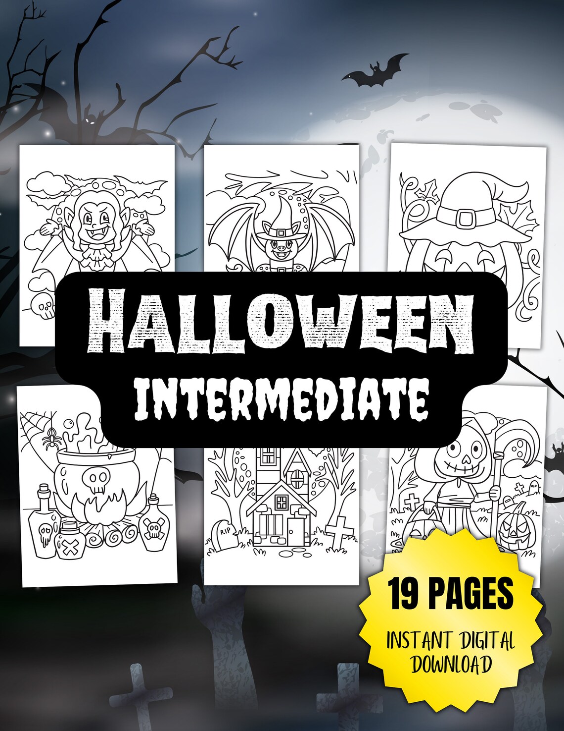 10 Halloween (intermediate) Coloring Pages - Kids Coloring Book ...