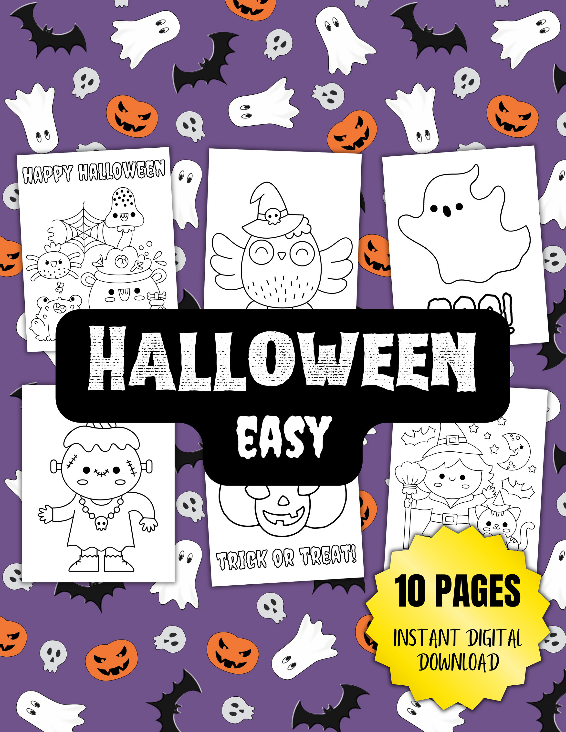 10 Halloween (easy) Coloring Pages - Kids Coloring Book, Instant ...