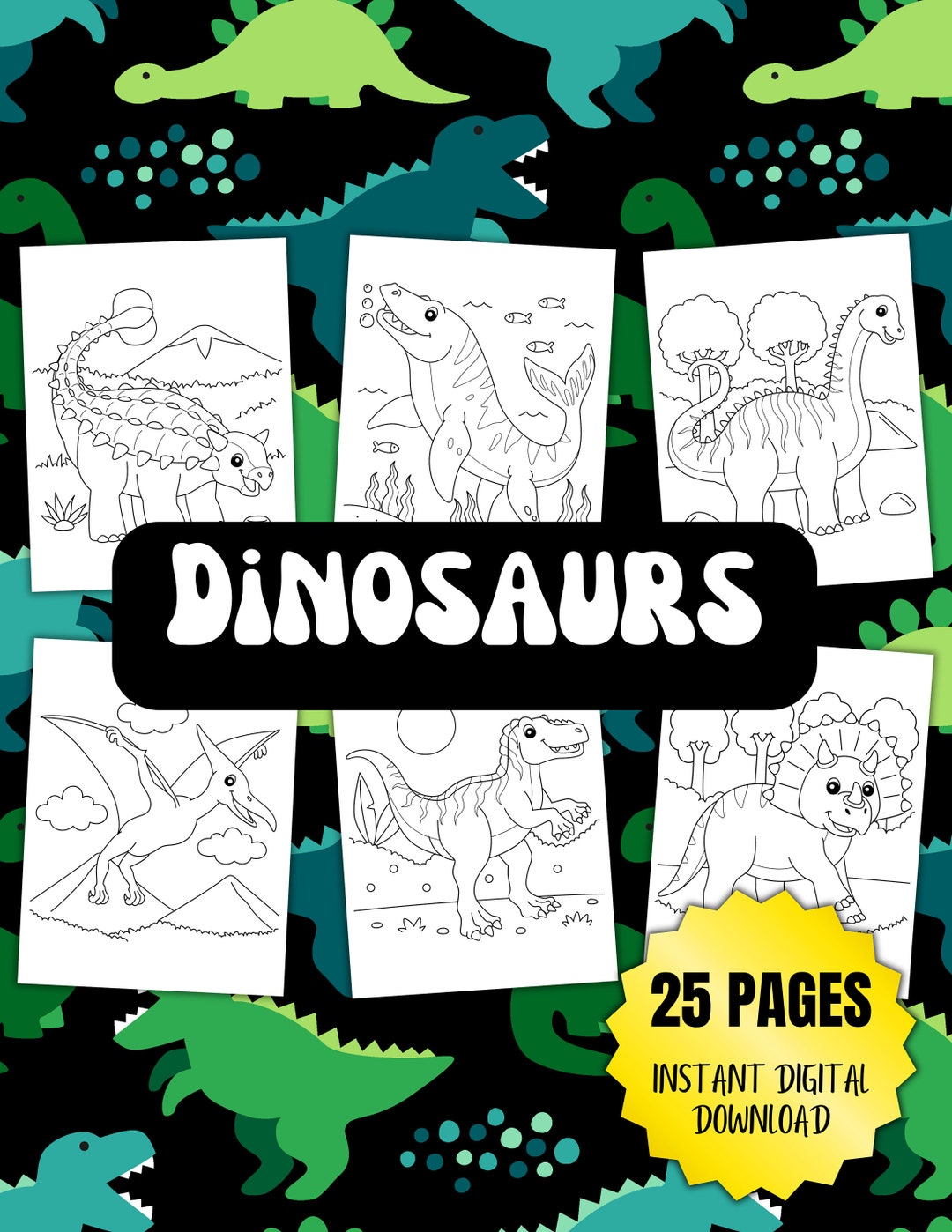 25 Dinosaur Coloring Pages - Kids Coloring Book, Instant Digital ...