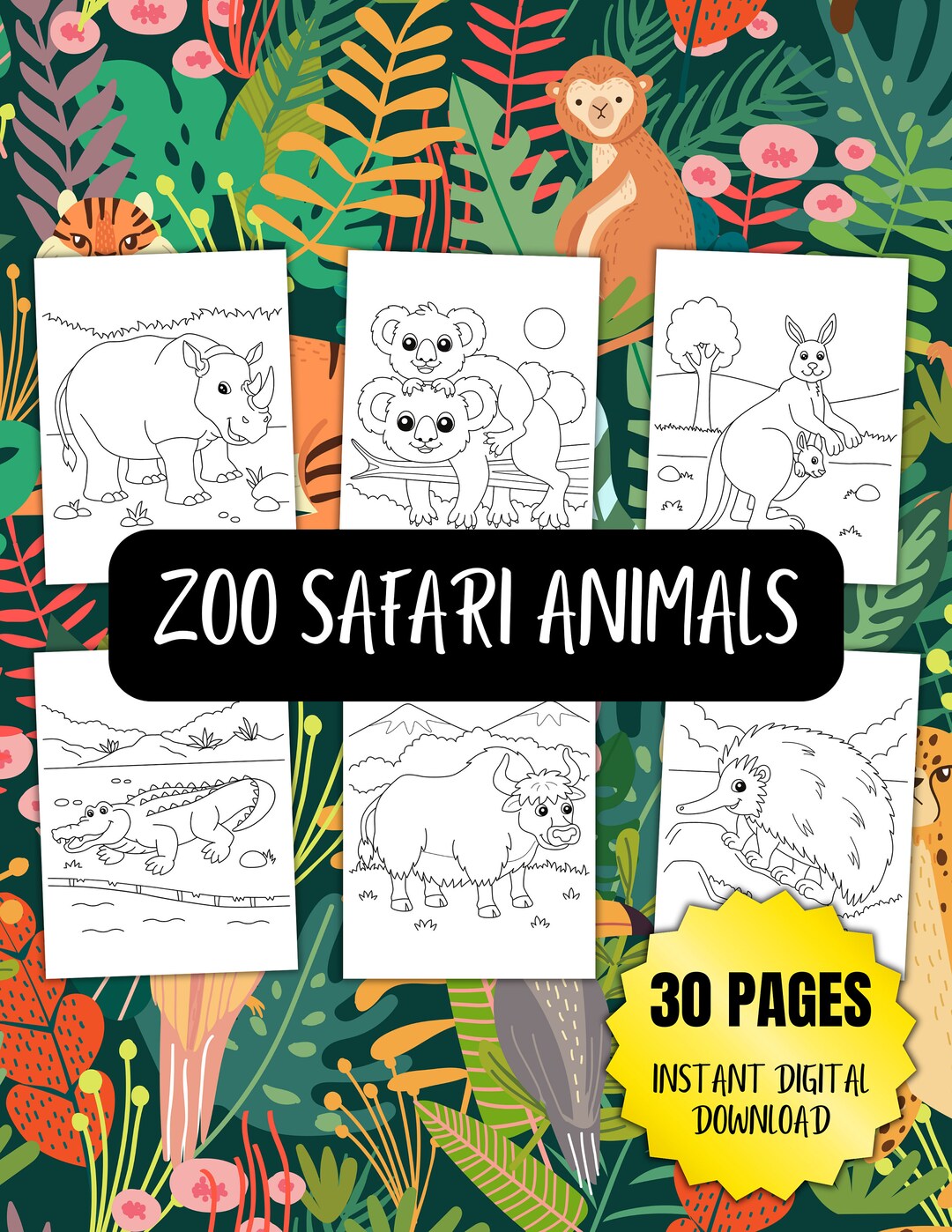 30 Zoo Safari Animal Coloring Pages - Kids Coloring Book, Instant ...