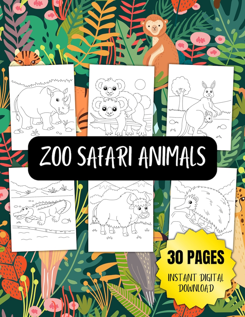 30 Zoo Safari Animal Coloring Pages - Kids Coloring Book, Instant ...
