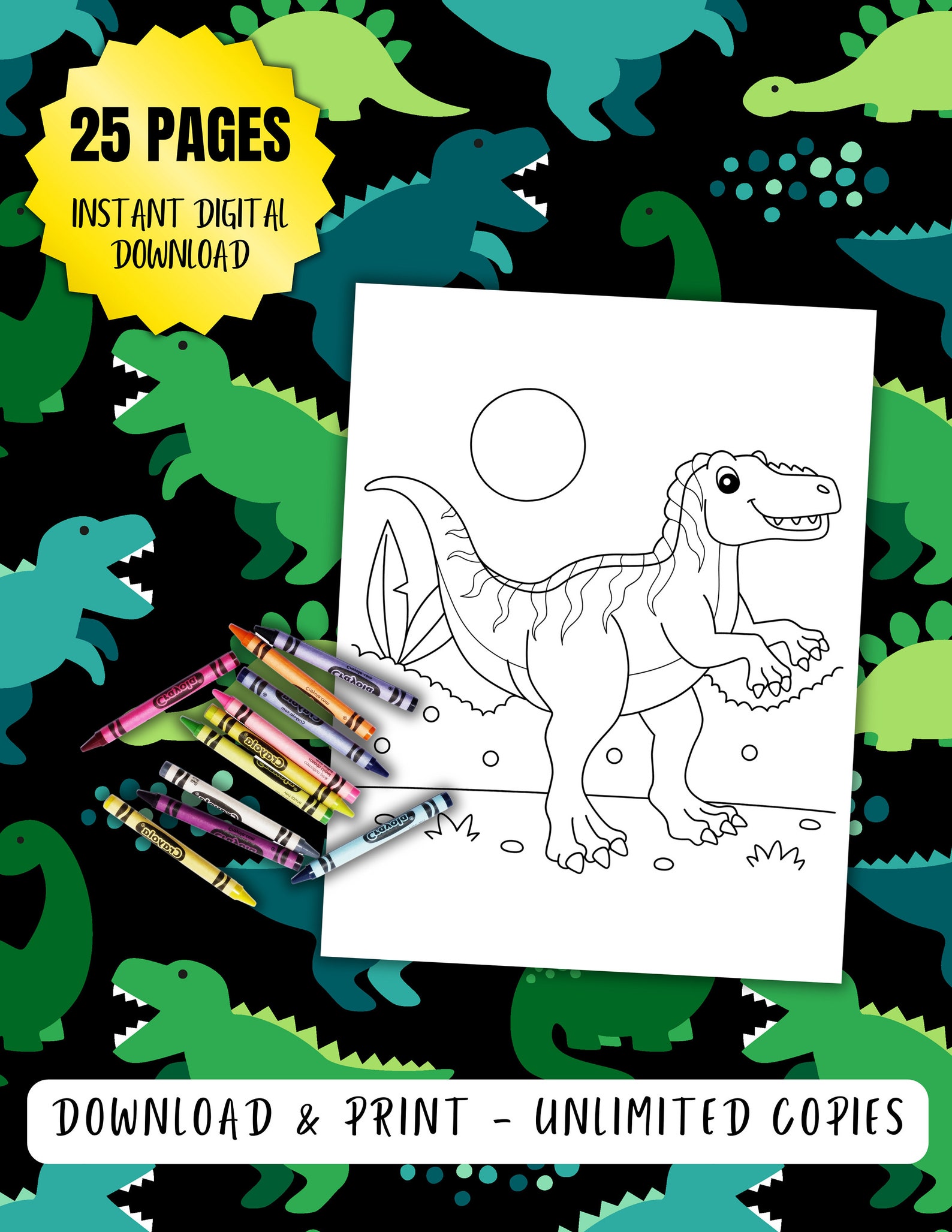 25 Dinosaur Coloring Pages - Kids Coloring Book, Instant Digital ...